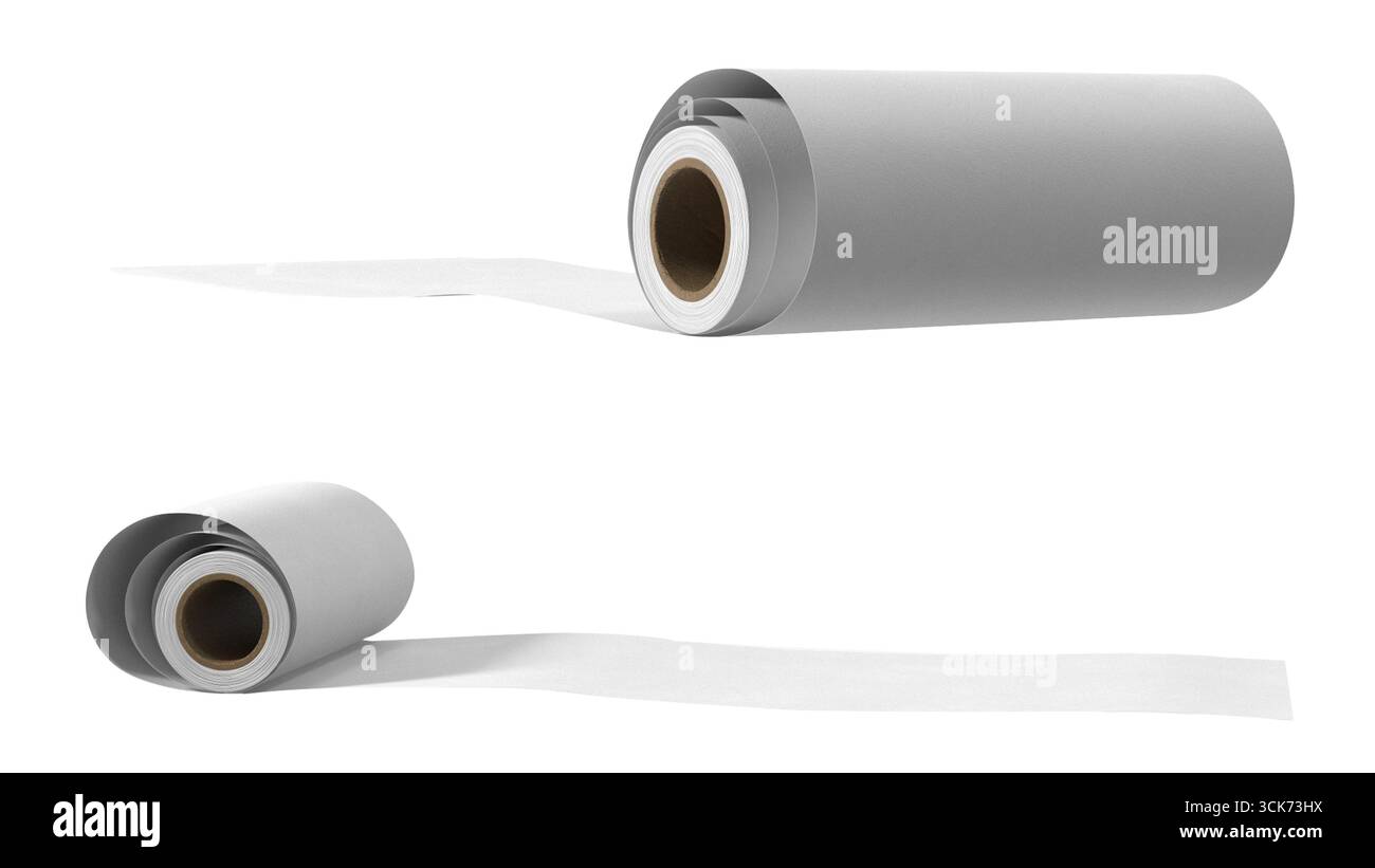 Two rolls of white paper, one larger and one smaller, with a portion ...