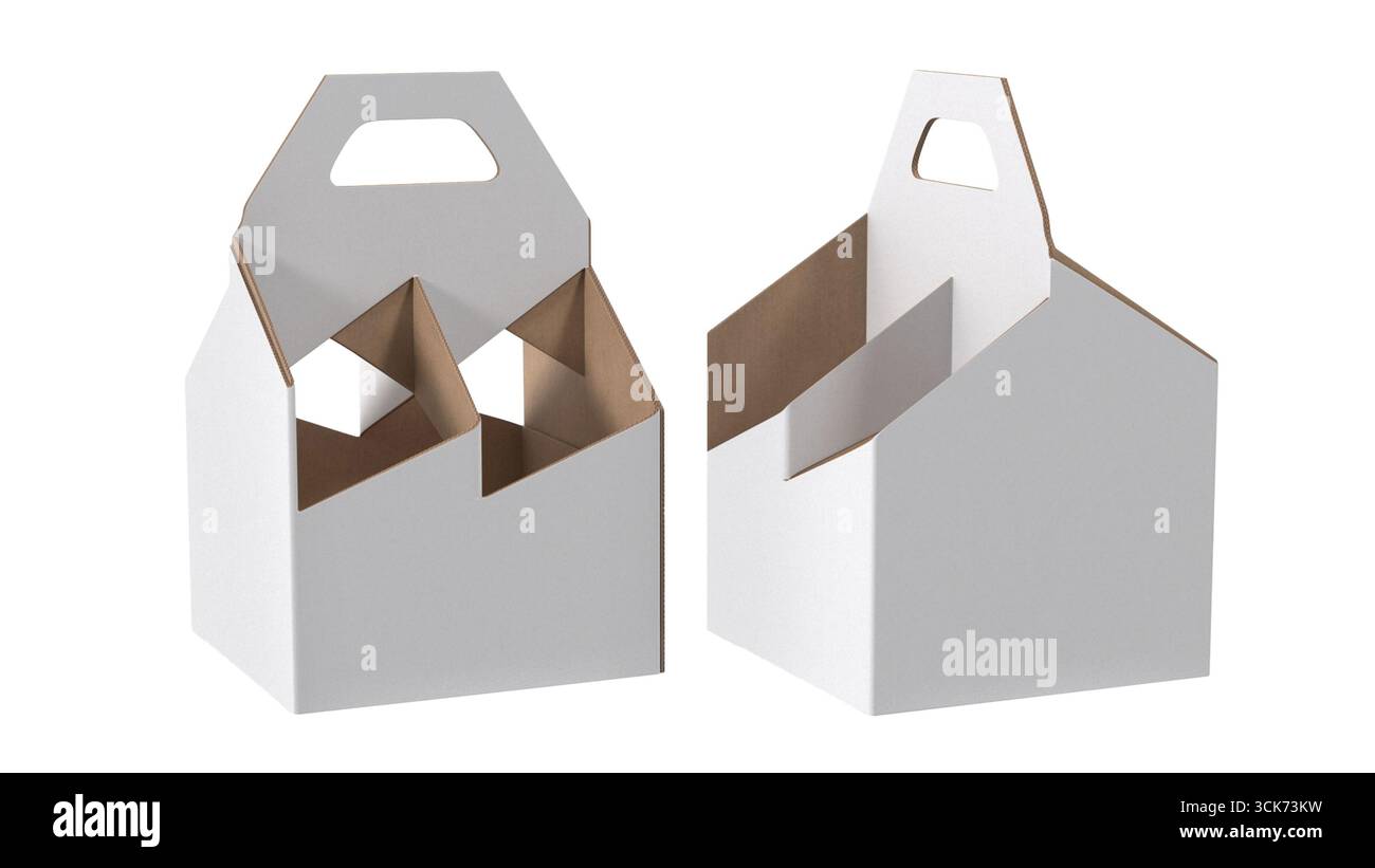 A pair of white takeaway boxes with handles, designed for food ...