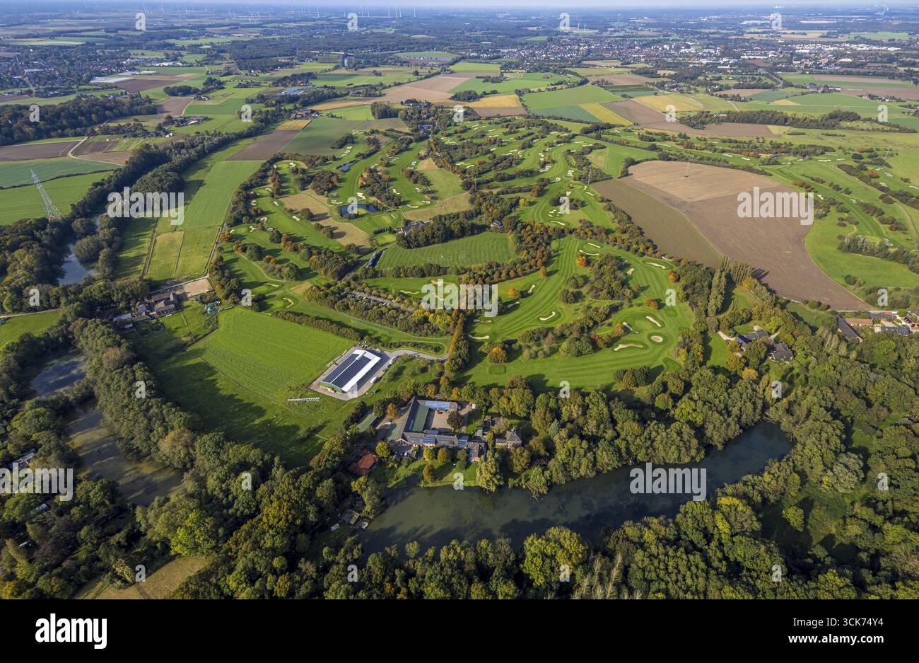 Aerial view, golf course Golfclub Op de Niep, golf meadow and sand ...
