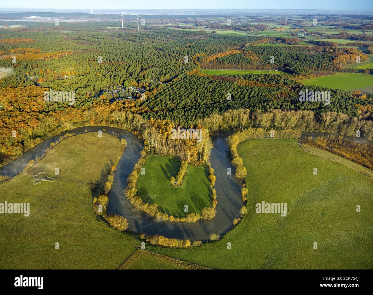 Aerial view, fog over river Lippe river meander and Lippe floodplain ...