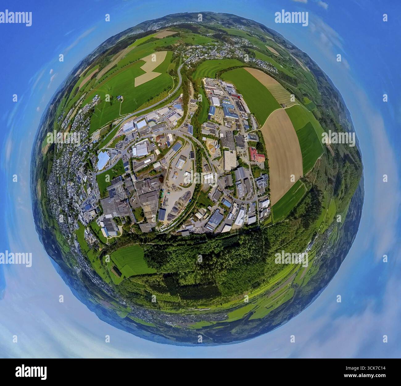 Aerial view, commercial area Im Brauke, earth globe, fisheye image ...
