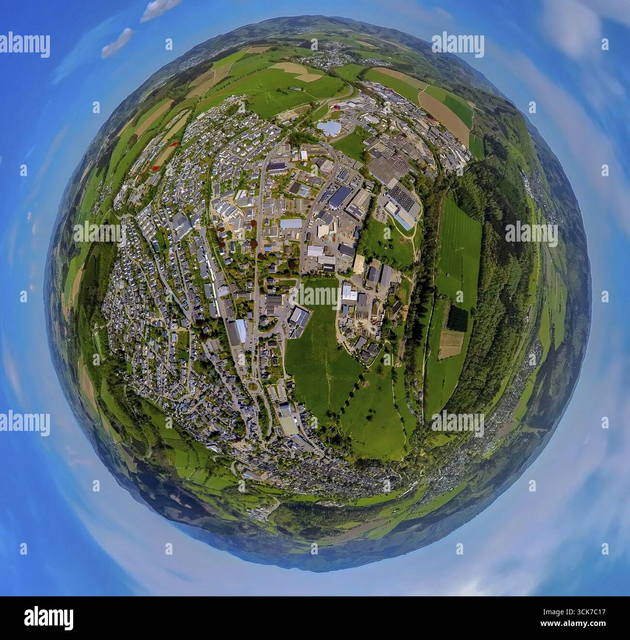 Aerial view, commercial area Im Brauke, earth globe, fisheye image ...