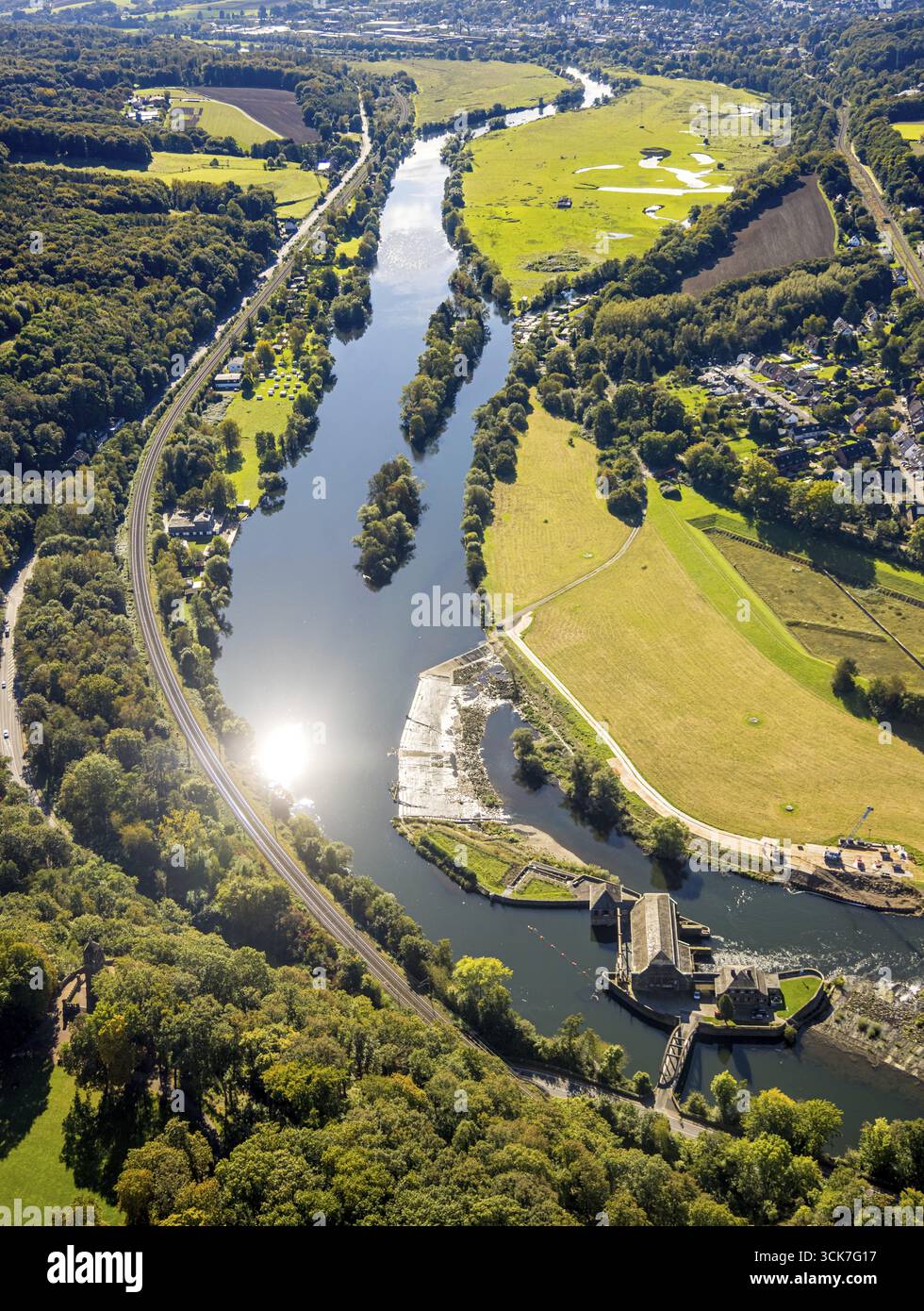 Aerial view, Hohenstein run-of-river power station on the Ruhr river ...