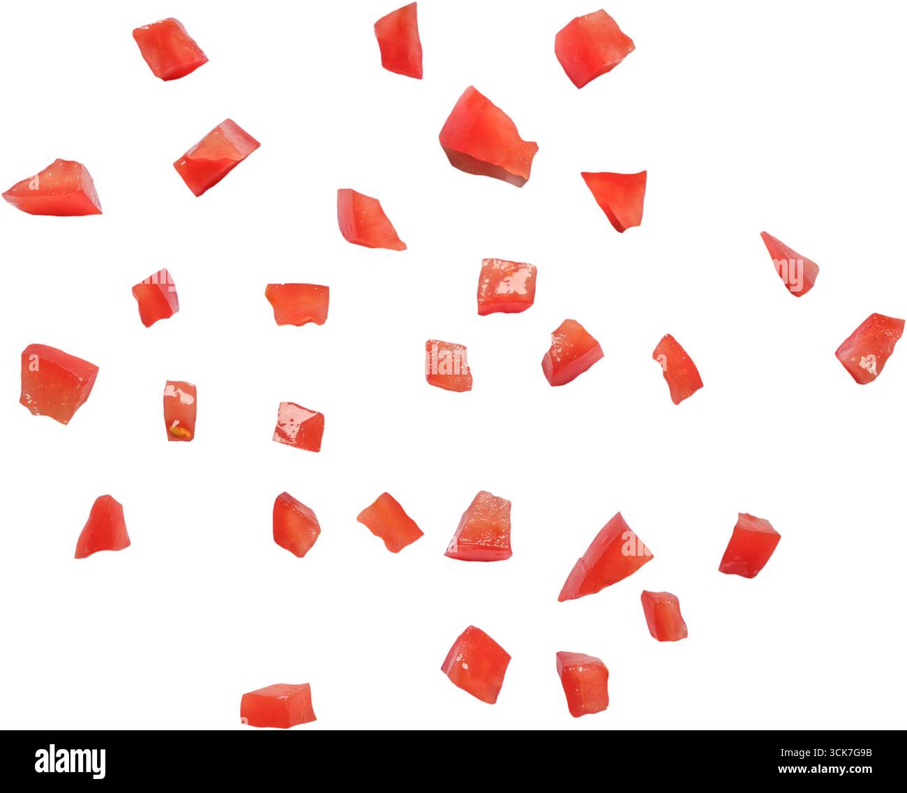 A collection of scattered red pieces resembling chopped tomatoes or ...