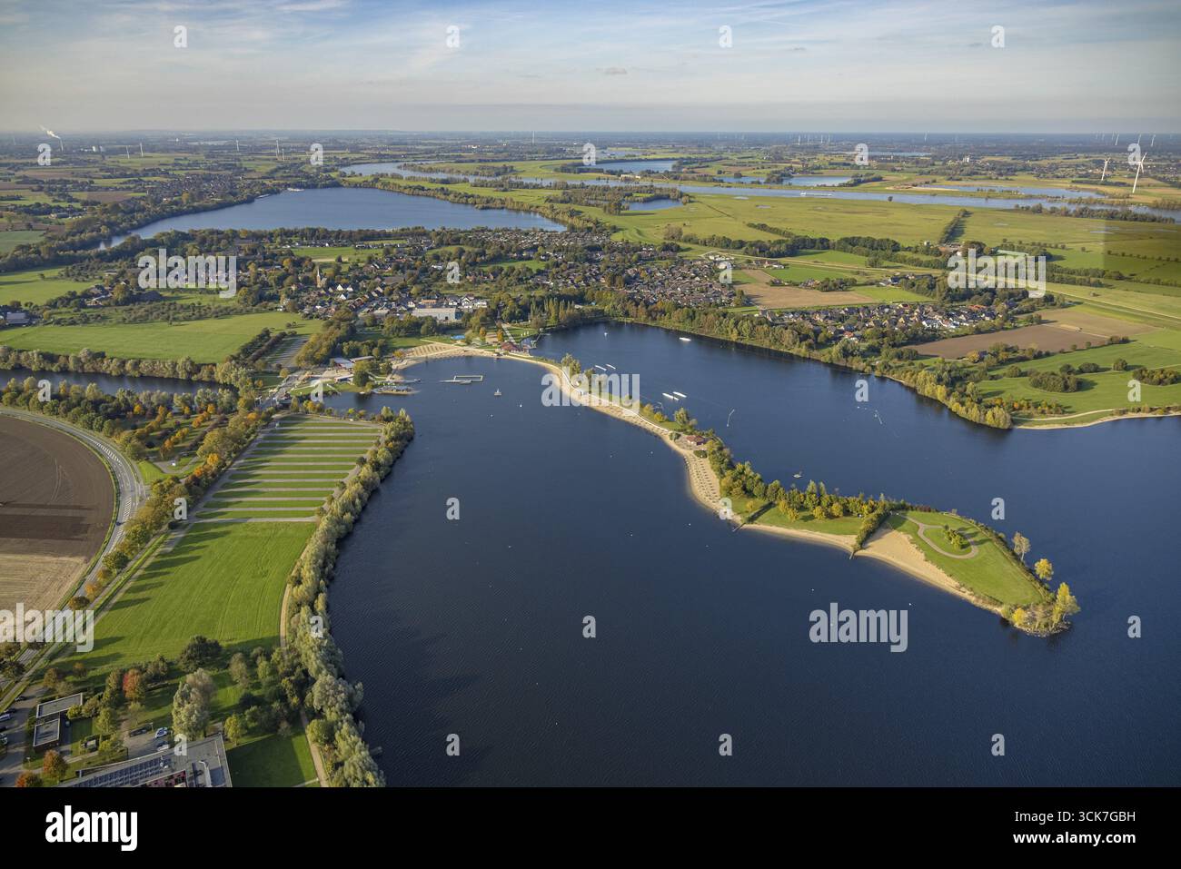 Aerial view, Xantener Suedsee, leisure centre Xanten Suedsee with sandy ...