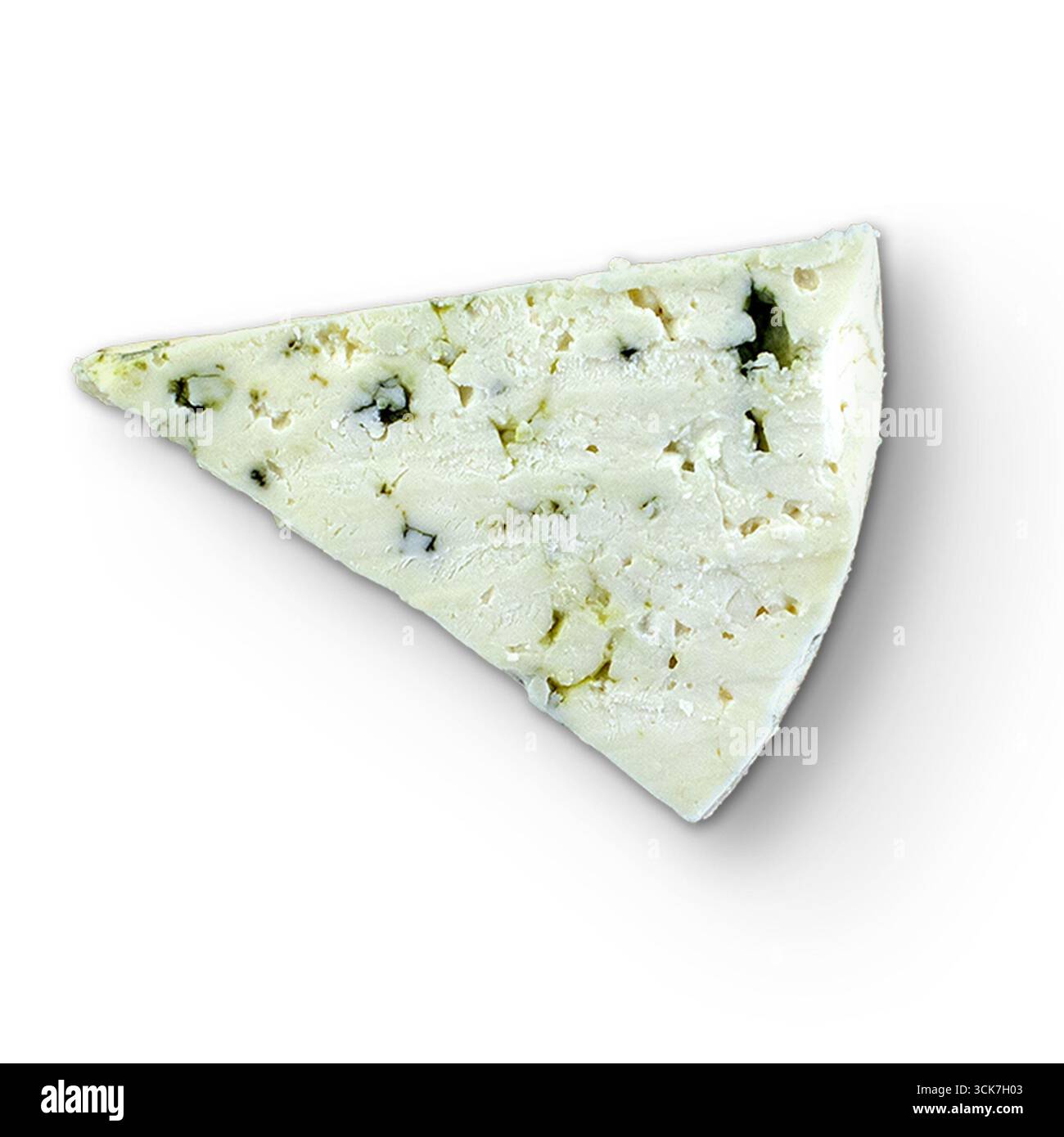 A triangular piece of blue cheese with a creamy texture and visible ...