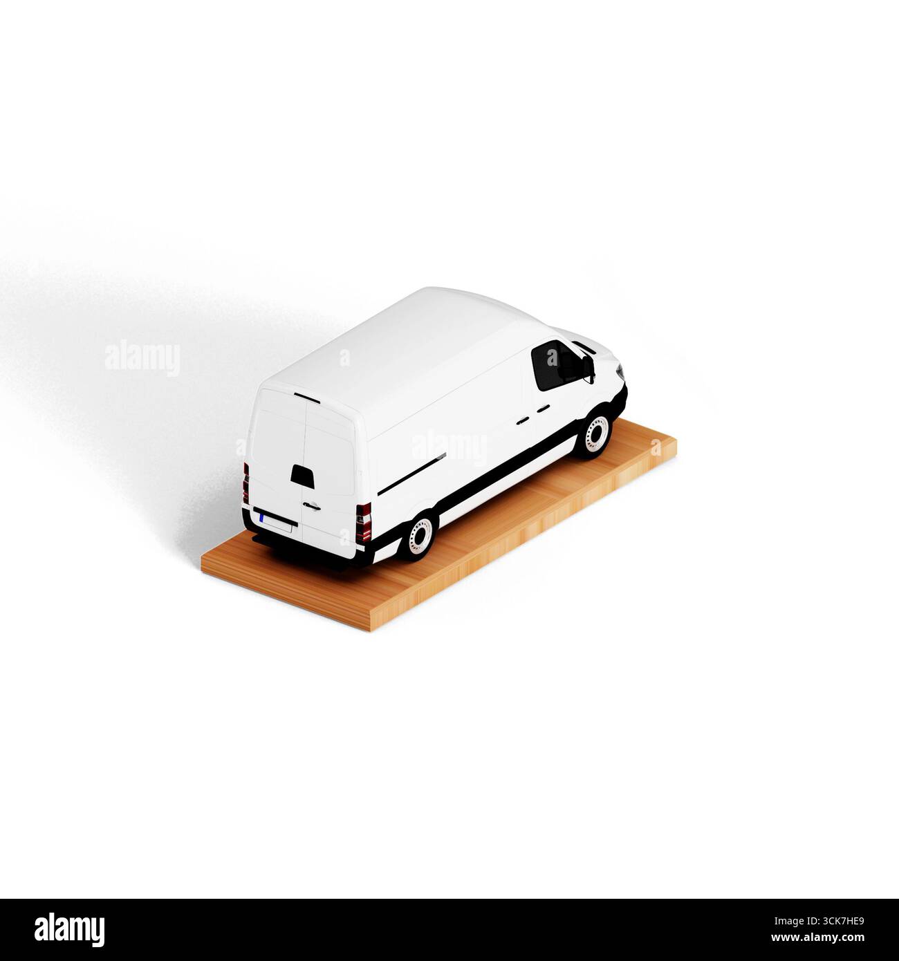 A white delivery van model displayed on a wooden base, showcasing its ...