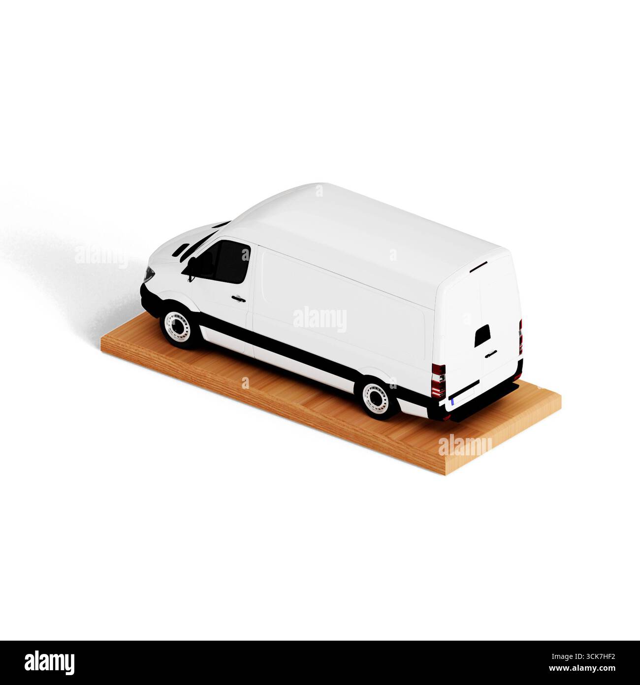A white delivery van model displayed on a wooden base, showcasing ...