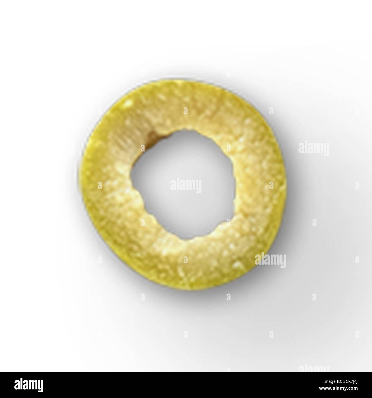 A circular slice of a yellow fruit with a hollow center, showcasing its ...