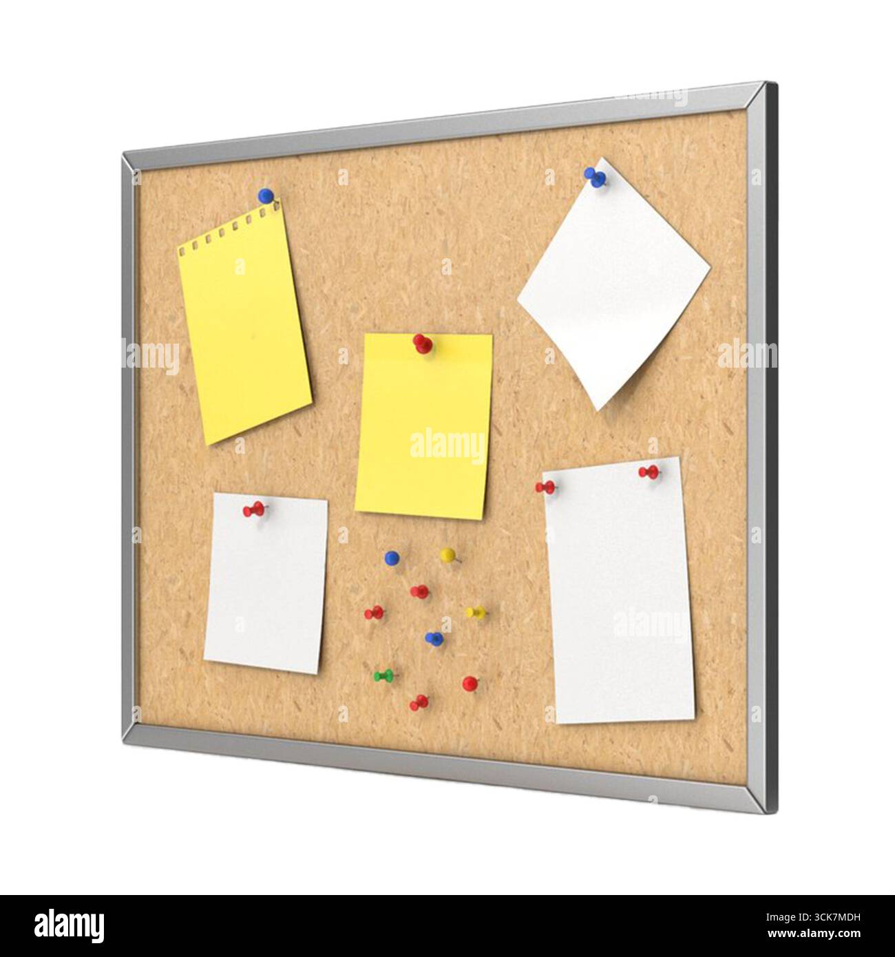 A bulletin board displaying notes and reminders with colorful pushpins ...