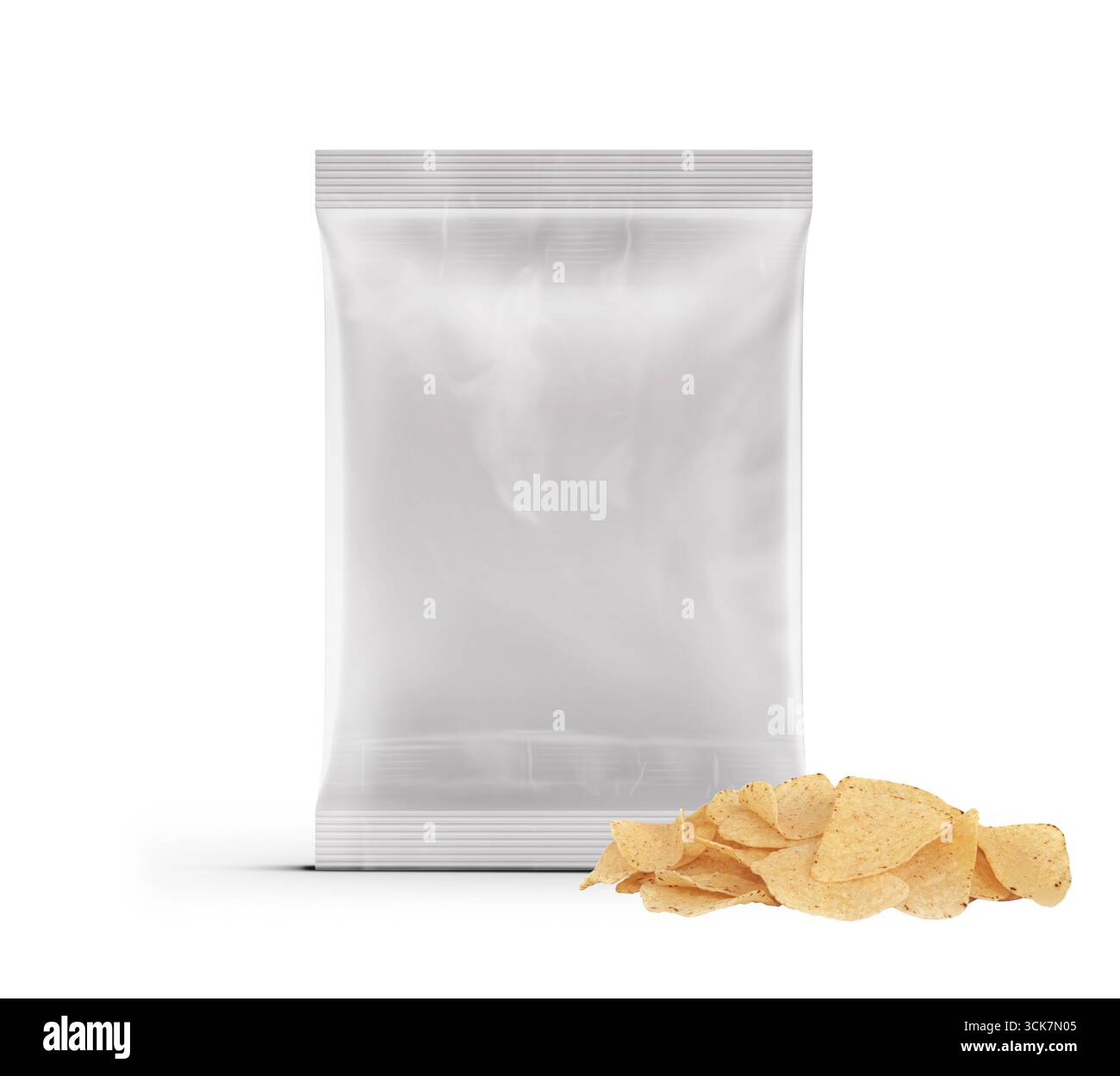 A clear plastic bag with a pile of snack chips beside it, showcasing ...