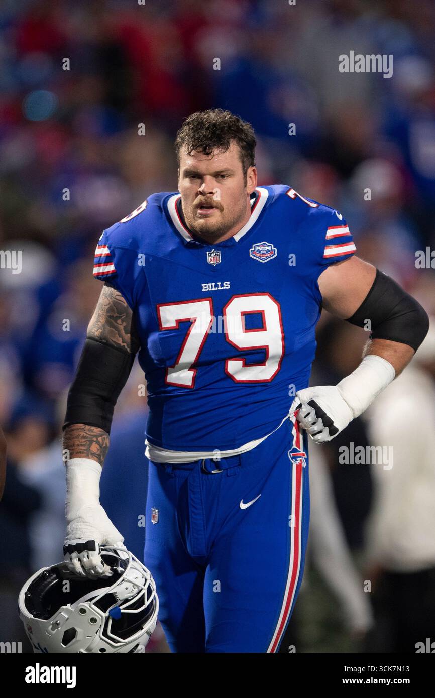 Buffalo Bills tackle Spencer Brown (79) warms up before an NFL football ...