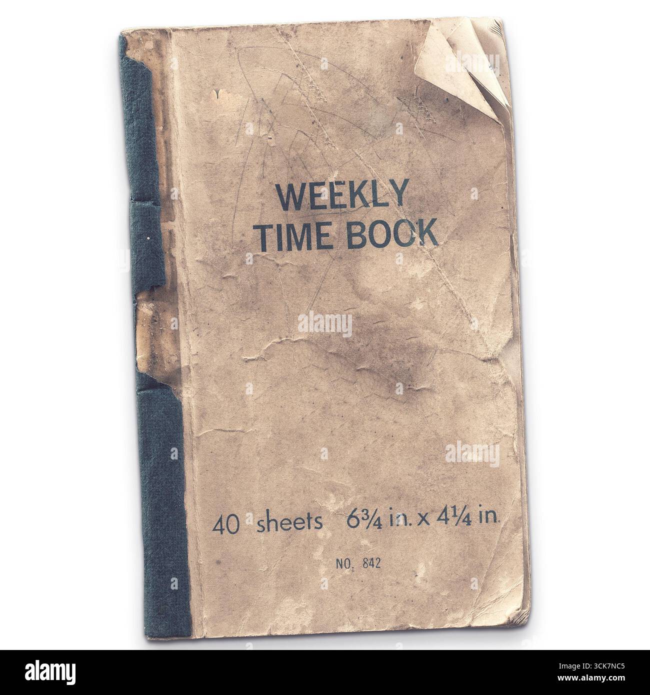 A worn weekly time book for tracking hours worked, featuring a simple ...