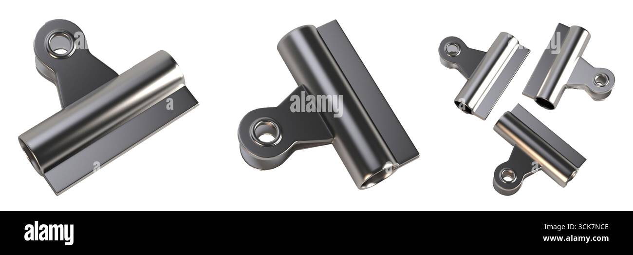A collection of metallic binder clips in various orientations ...