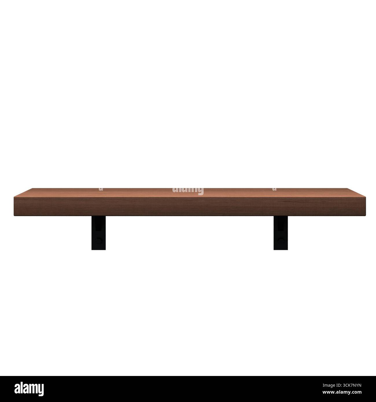A minimalist wooden shelf with a sleek design and black supports ...