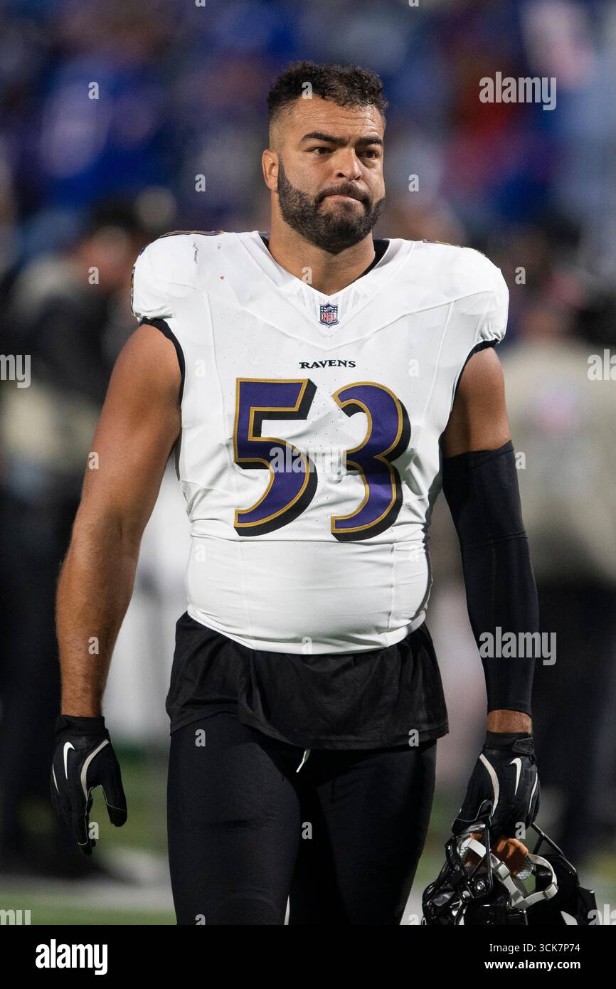 Baltimore Ravens linebacker Kyle Van Noy (53) warms up before an NFL ...