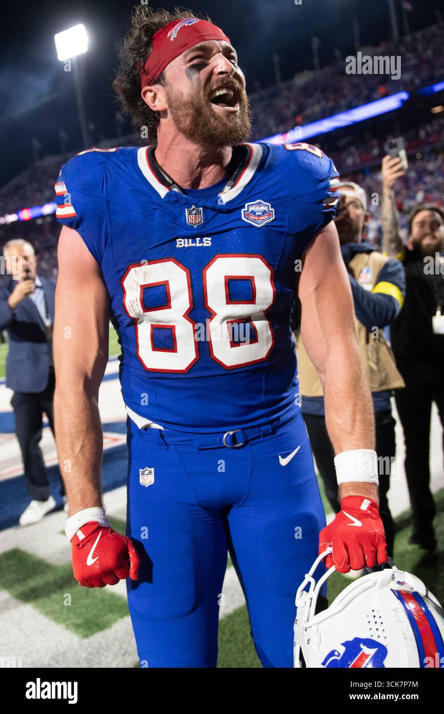 Buffalo Bills tight end Dawson Knox (88) reacts after an NFL football ...