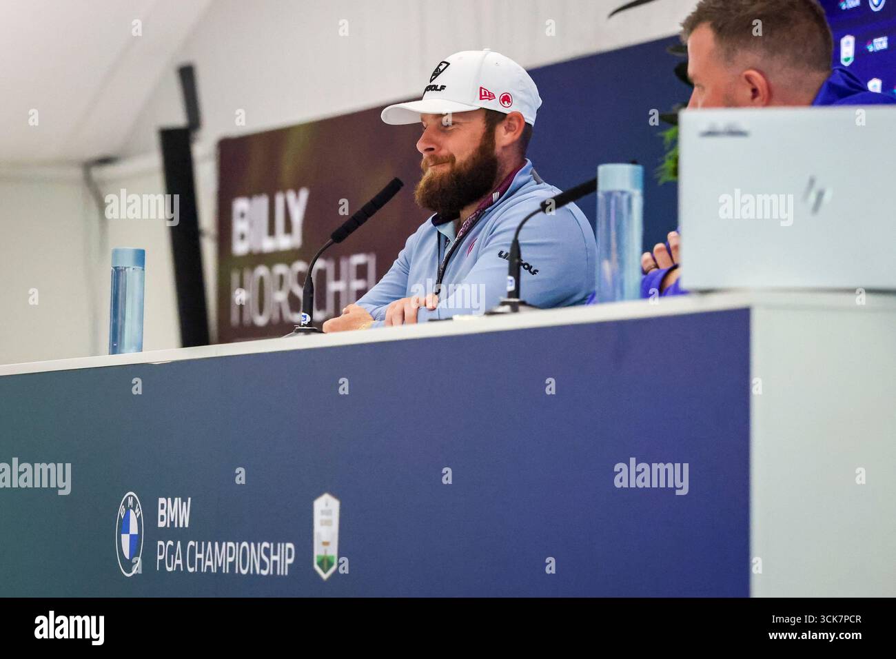 Tyrrell Hatton (ENG) smiling during the media interview at the BMW PGA ...
