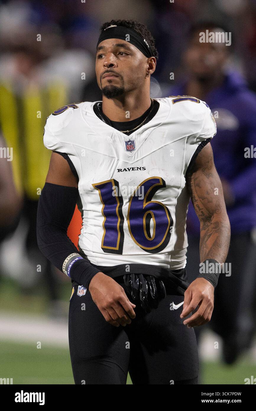 Baltimore Ravens wide receiver Tylan Wallace (16) walks off the field ...