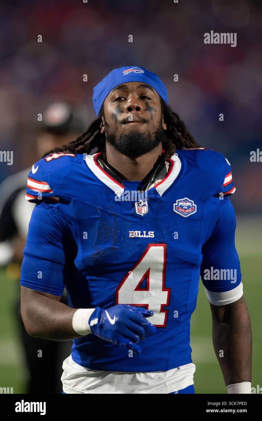 Buffalo Bills running back James Cook (4) walks off the field after the ...