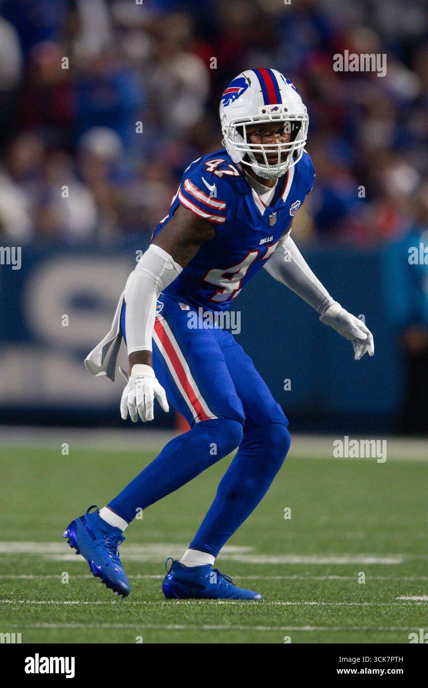 Buffalo Bills cornerback Christian Benford (47) runs on the field ...