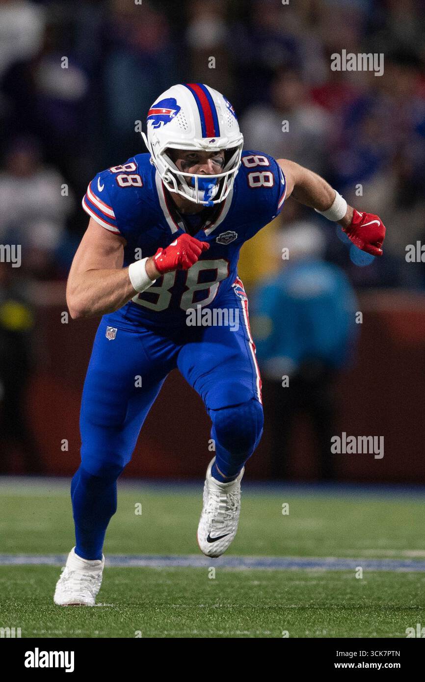 Buffalo Bills tight end Dawson Knox (88) runs on the field during the ...
