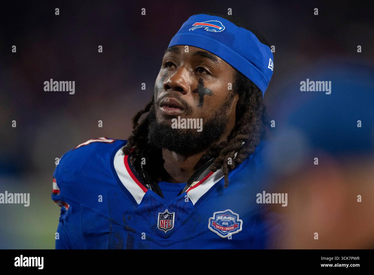 Buffalo Bills running back James Cook (4) walks on the sideline during ...
