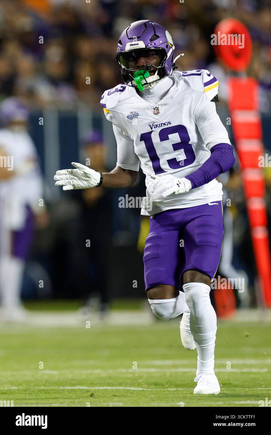 Minnesota Vikings wide receiver Tai Felton (13) runs on the field ...