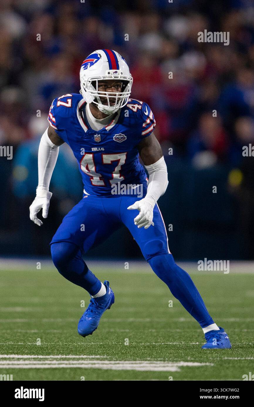 Buffalo Bills cornerback Christian Benford (47) runs on the field ...