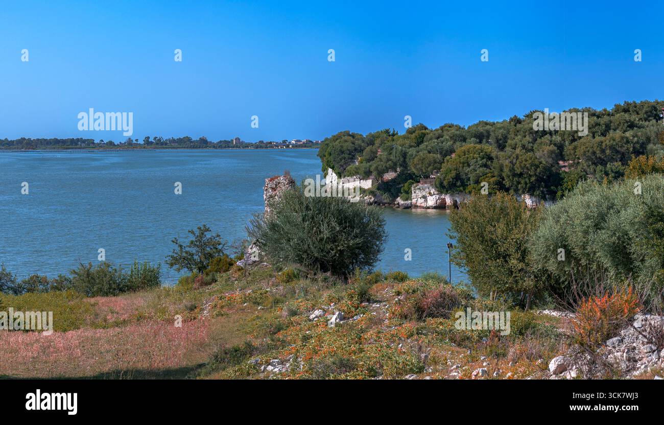 A beautiful panoramic view of Lake Varano in Puglia, Italy. The photo ...