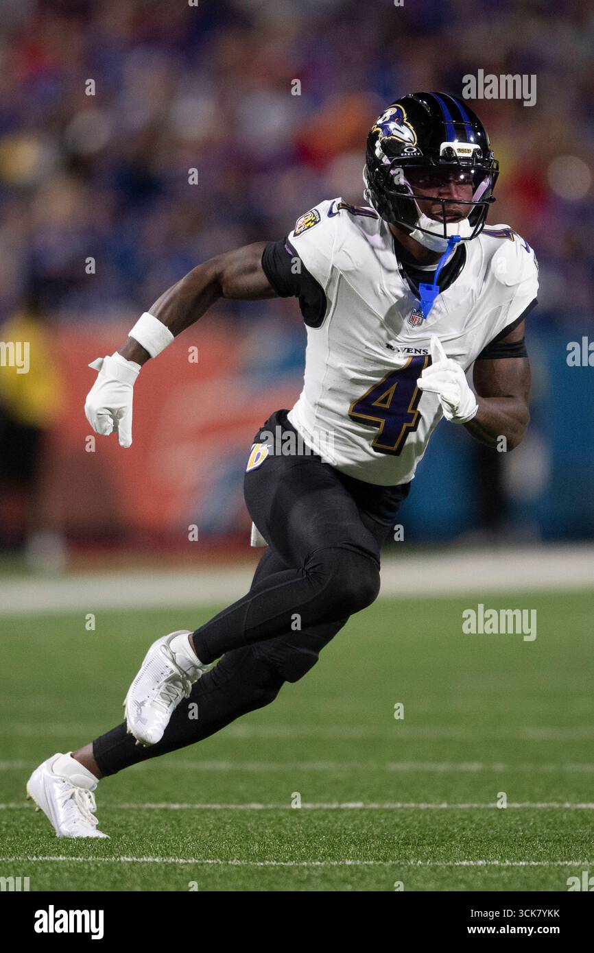 Baltimore Ravens wide receiver Zay Flowers (4) runs on the field during ...