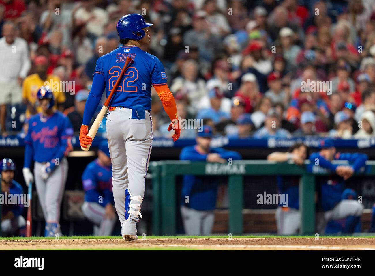 New York Mets' Juan Soto looks on after striking out during a baseball ...