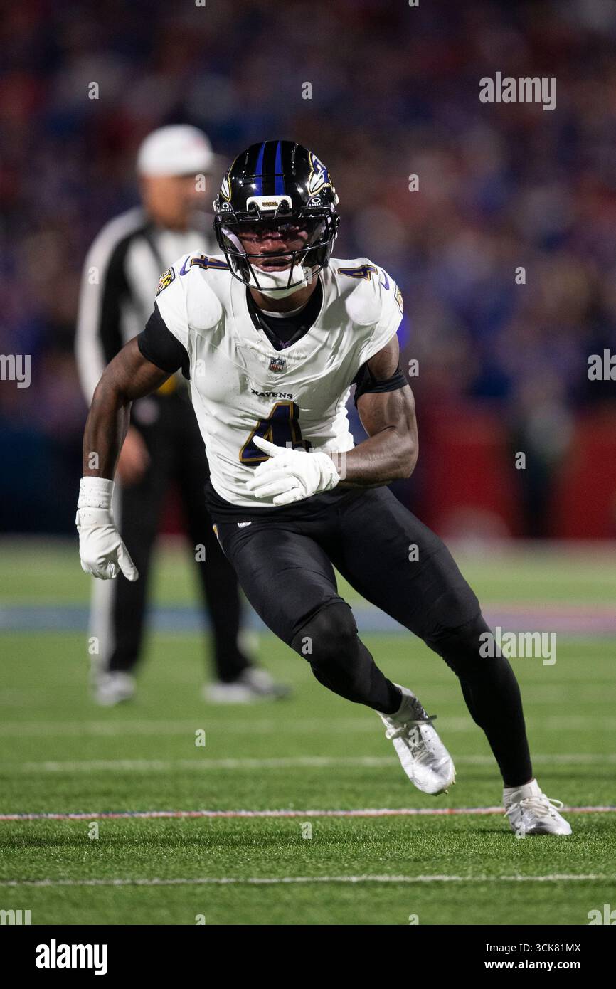 Baltimore Ravens wide receiver Zay Flowers (4) runs on the field during ...