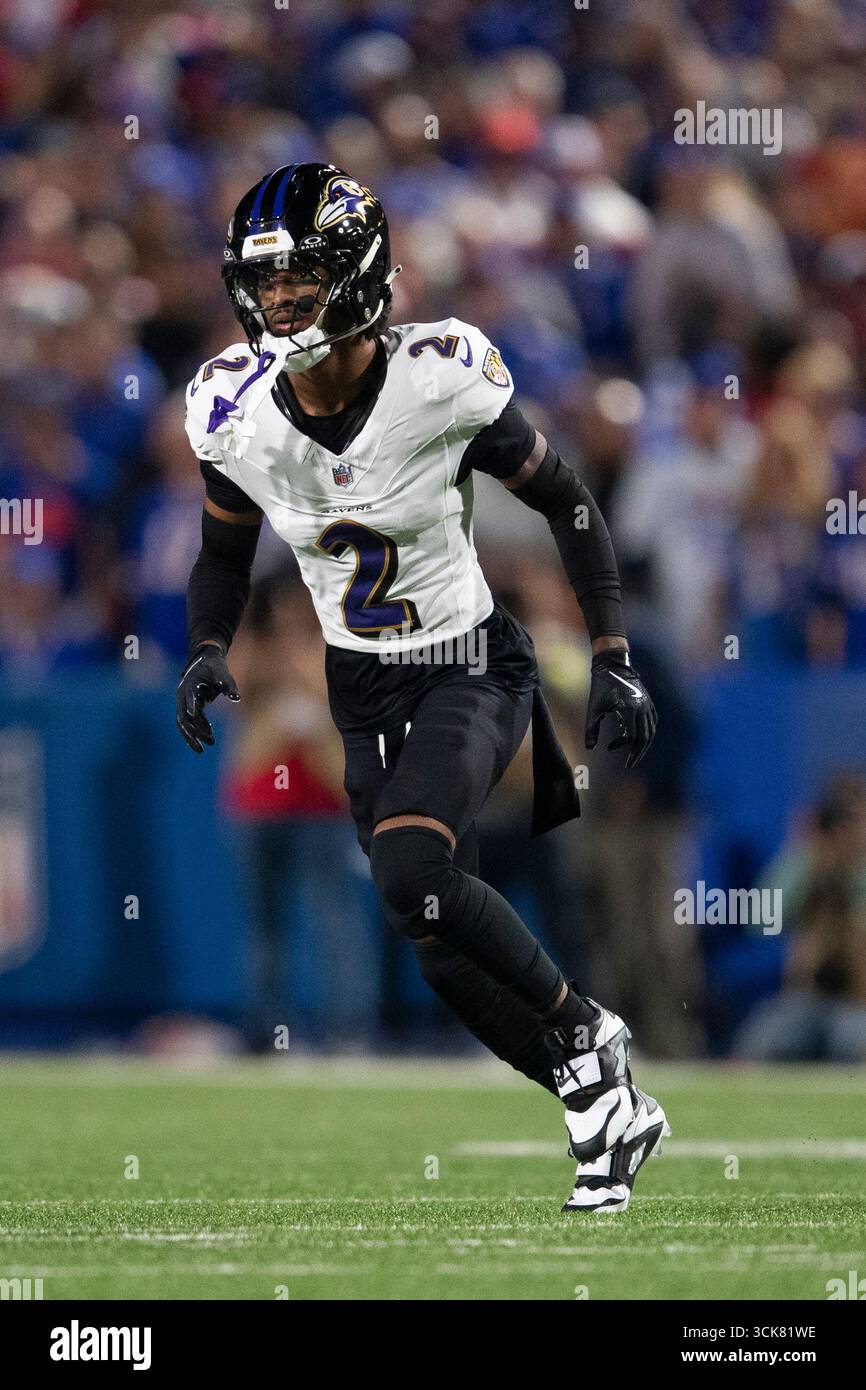Baltimore Ravens cornerback Nate Wiggins (2) runs on the field during the first half of an NFL ...