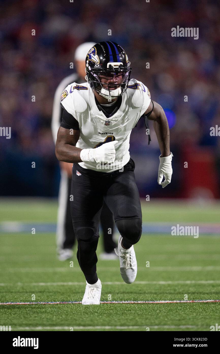 Baltimore Ravens wide receiver Zay Flowers (4) runs on the field during ...