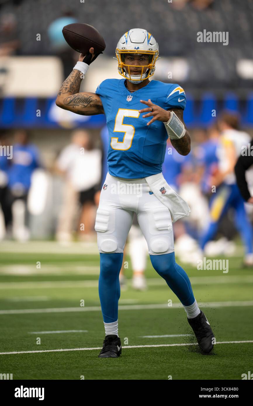 Los Angeles Chargers quarterback Trey Lance (5) throws a pass before an ...