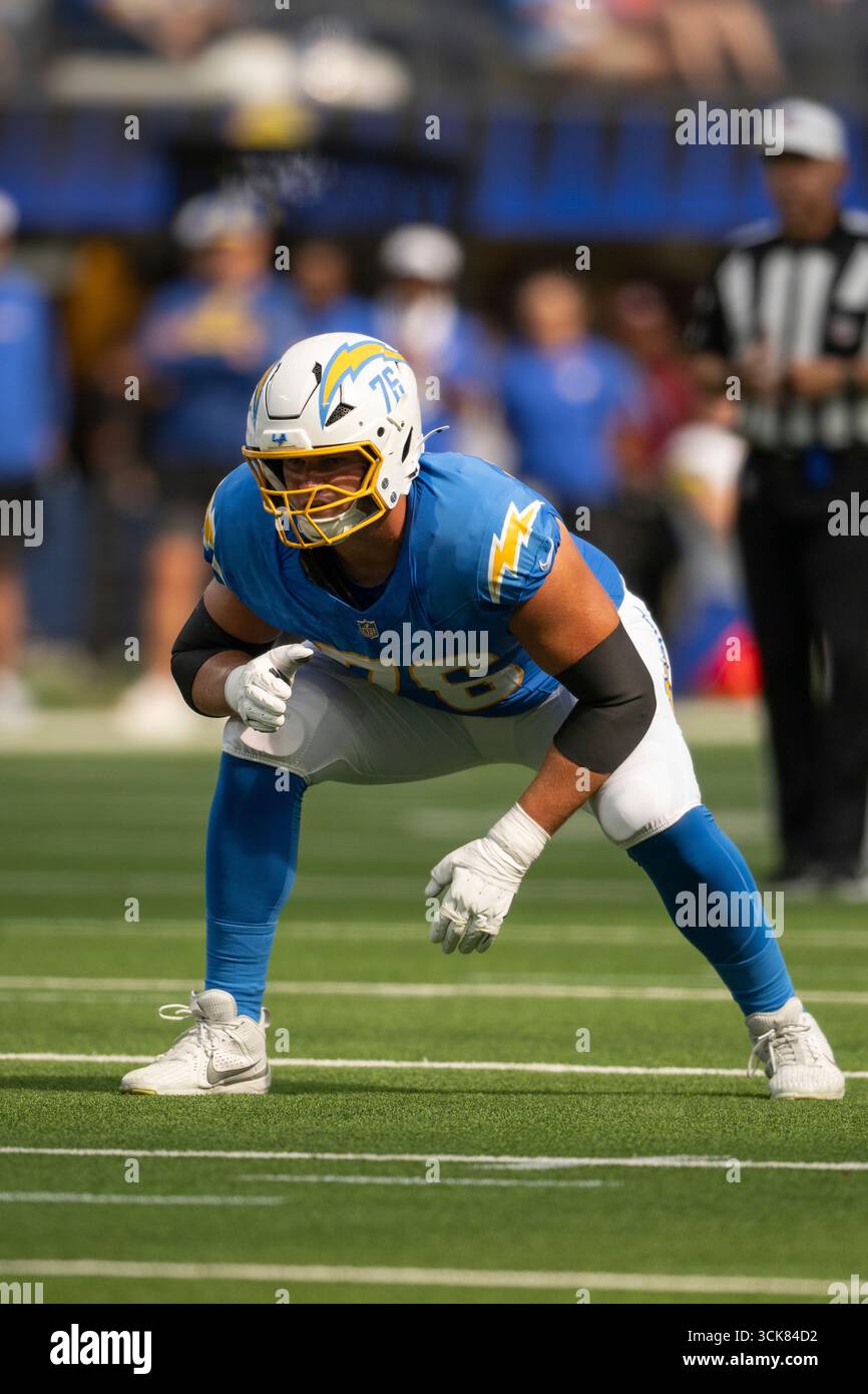 Los Angeles Chargers offensive tackle Joe Alt (76) takes his stance ...