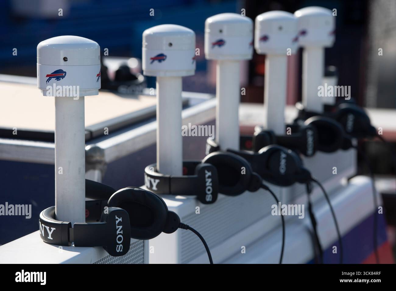 Detail view of Sony headsets before an NFL football game between the ...