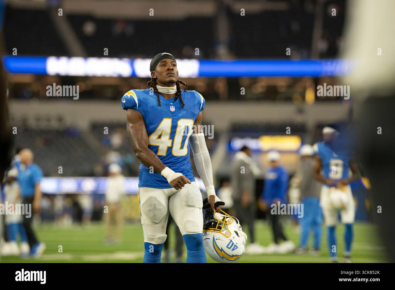 Los Angeles Chargers safety Kendall Williamson (40) walks back to the ...