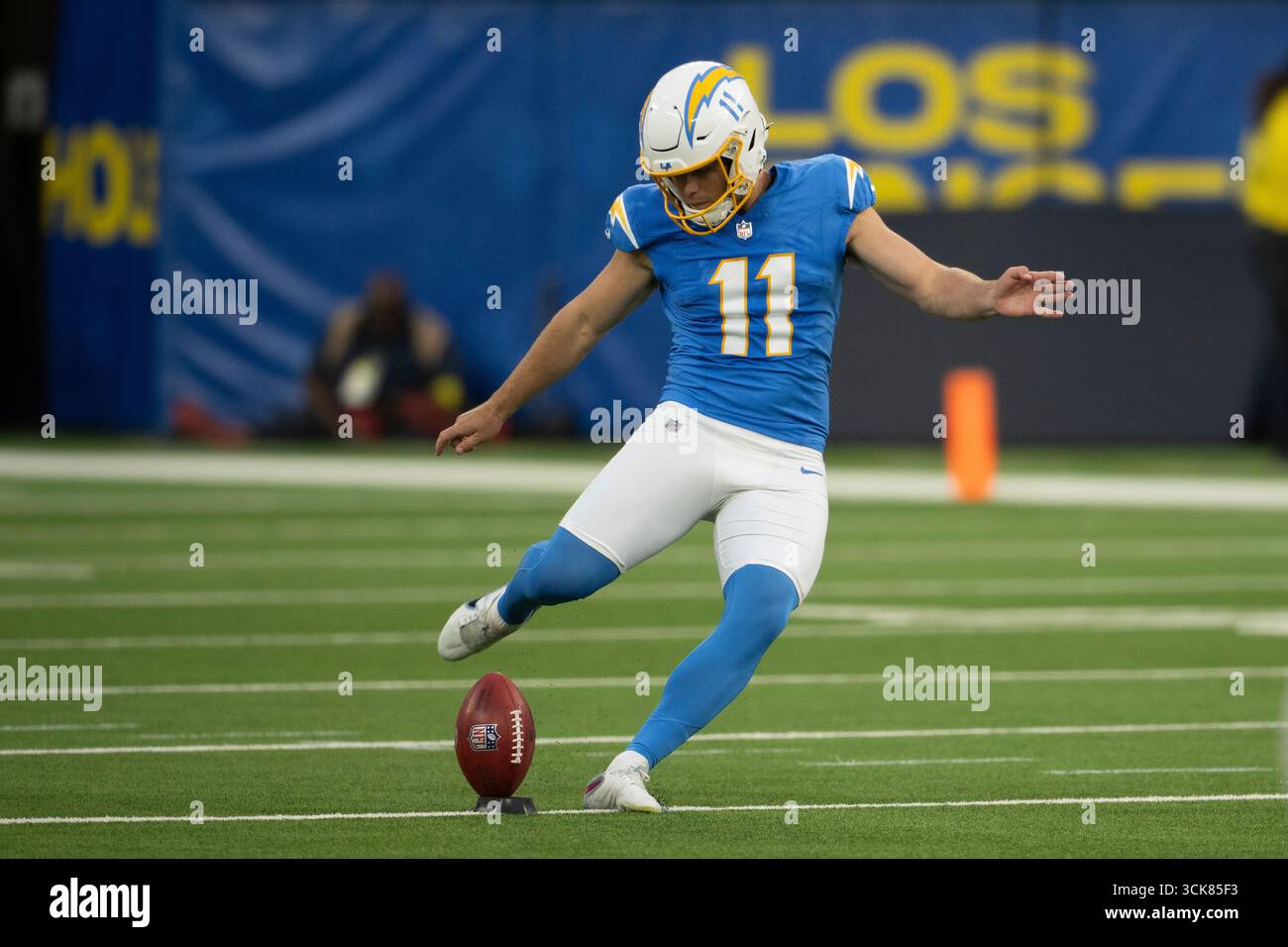 Los Angeles Chargers place kicker Cameron Dicker (11) kicks during an ...