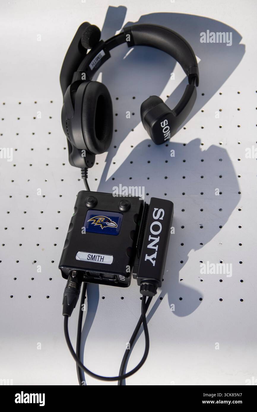Detail view of a Sony headset before an NFL football game between the ...