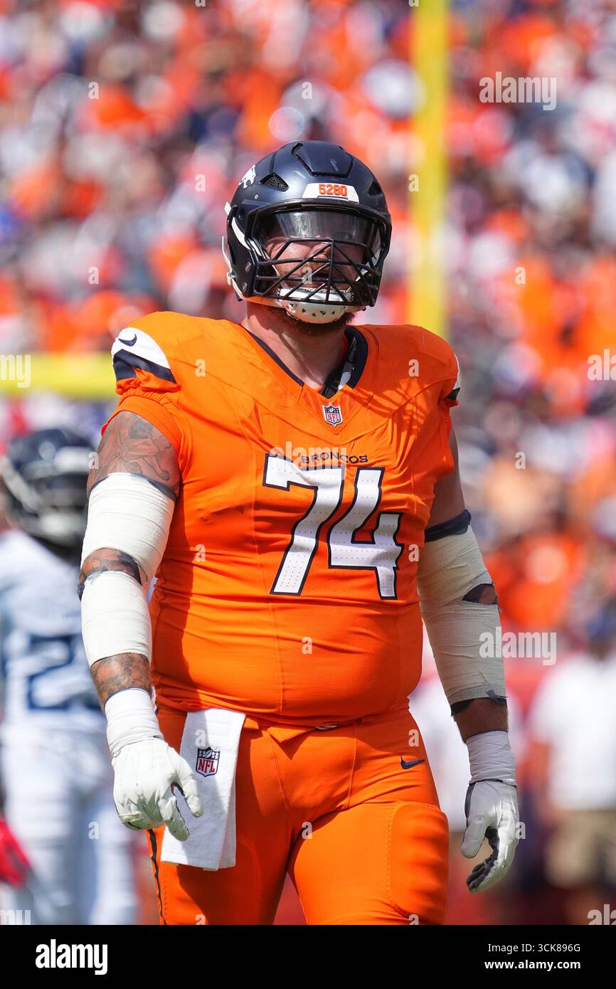 Denver Broncos guard Ben Powers (74) reacts to a play against the ...