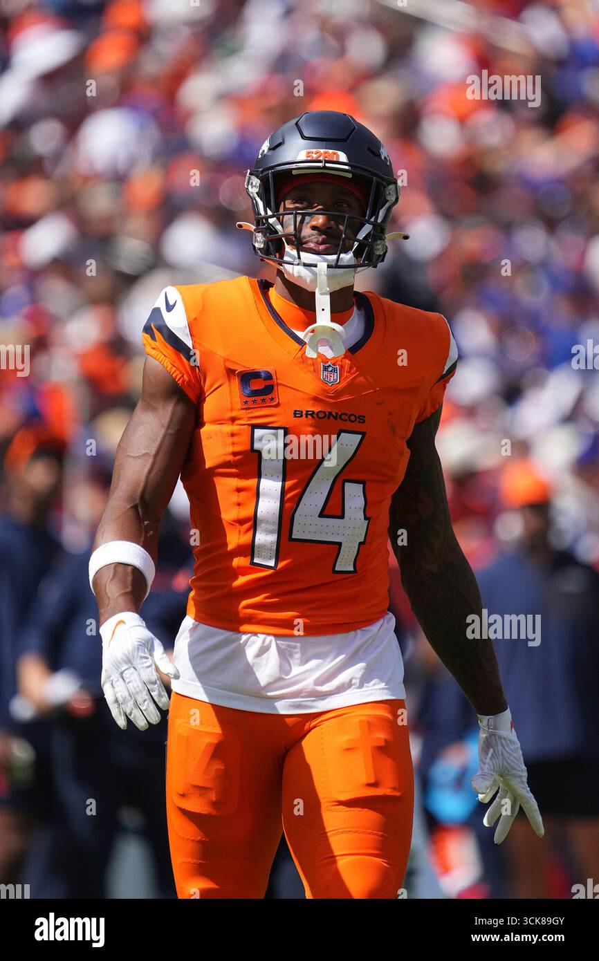 Denver Broncos wide receiver Courtland Sutton (14) reacts to a play ...