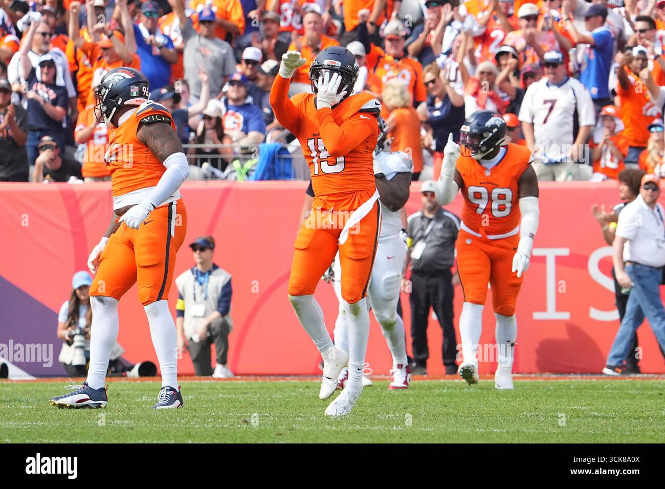 Denver Broncos linebacker Nik Bonitto (15) celebrates a play against ...