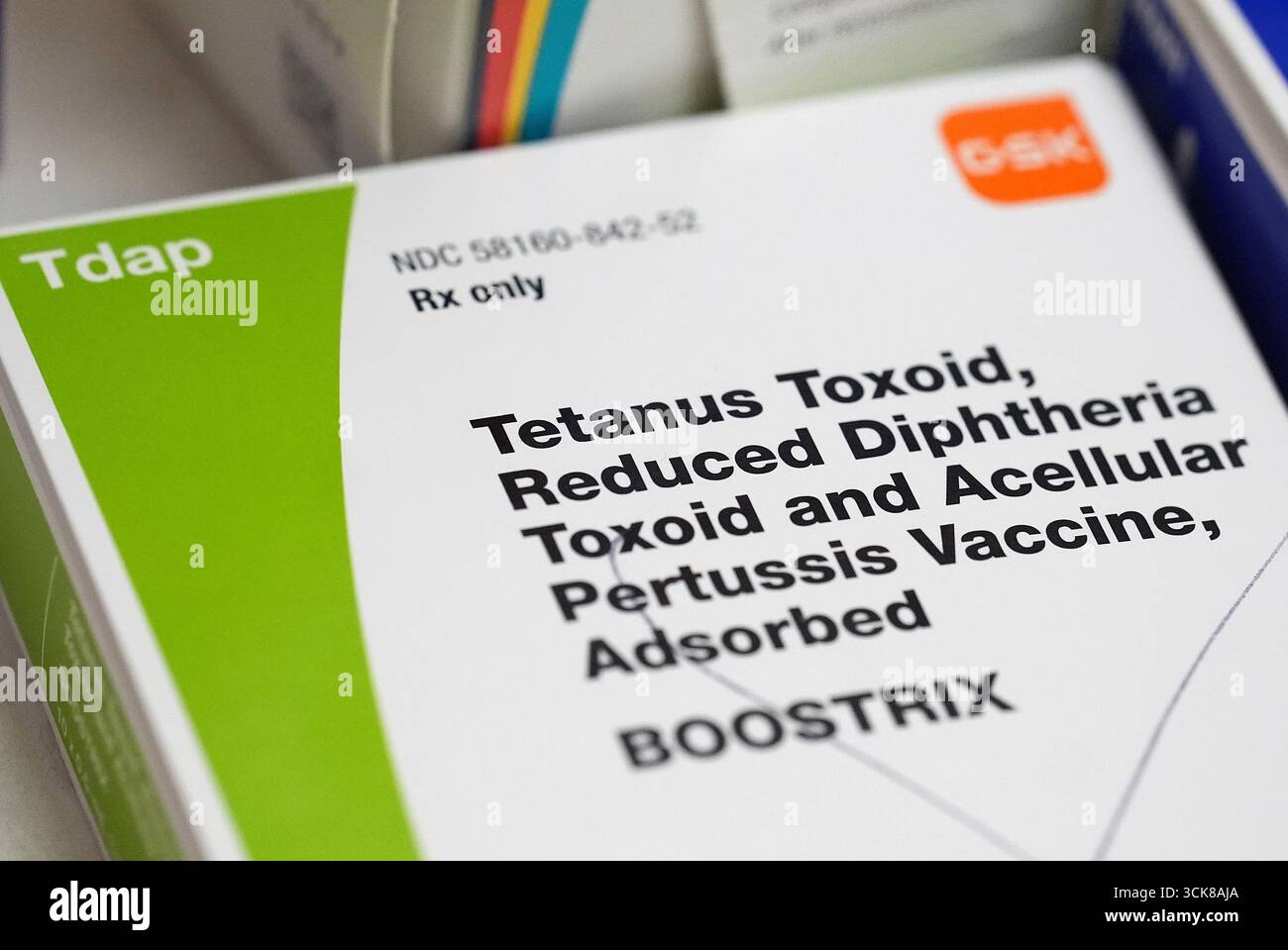 A box containing doses of a tetanus, diphtheria and pertussis (Tdap ...