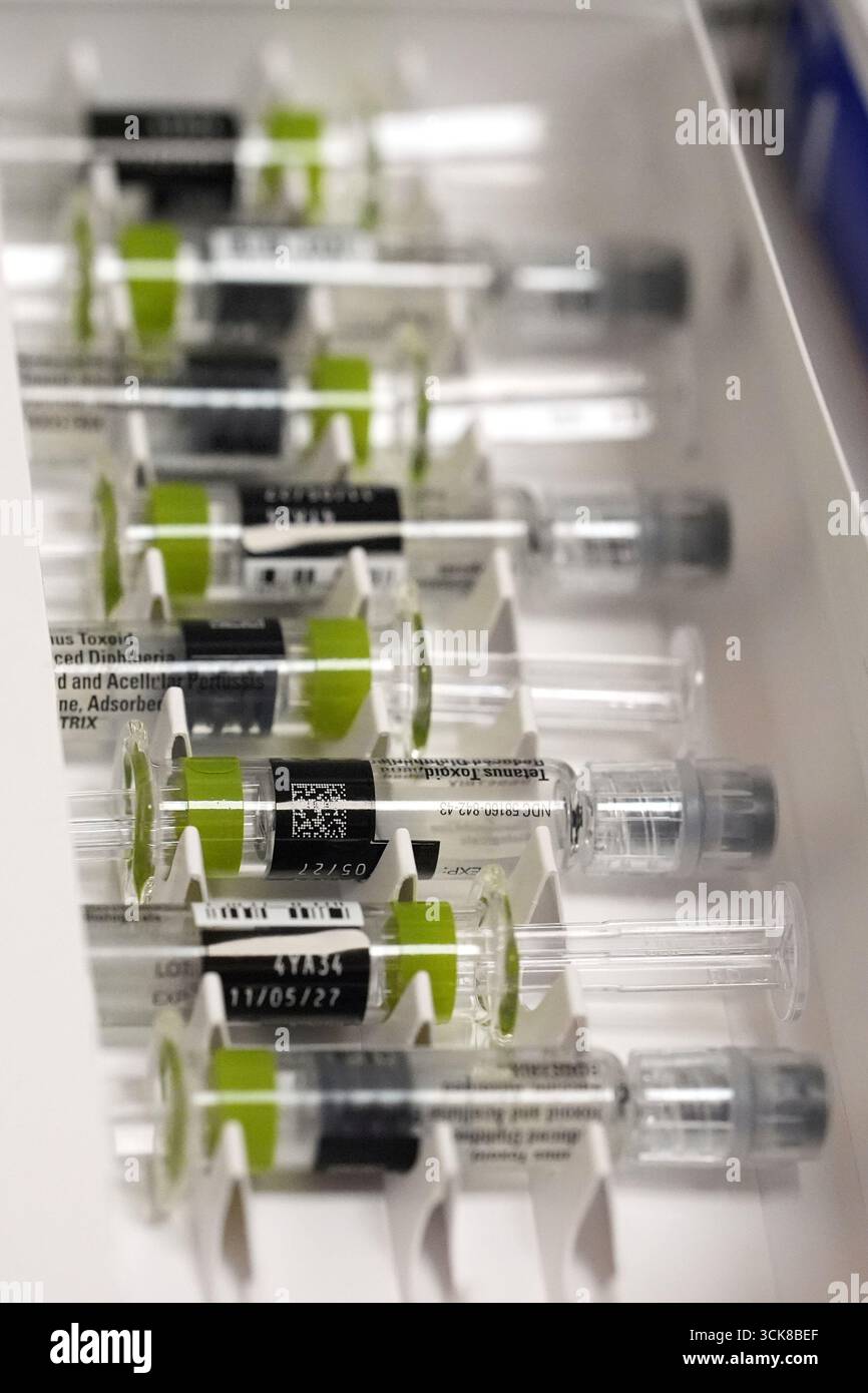 A box containing doses of a tetanus, diphtheria and pertussis (Tdap ...