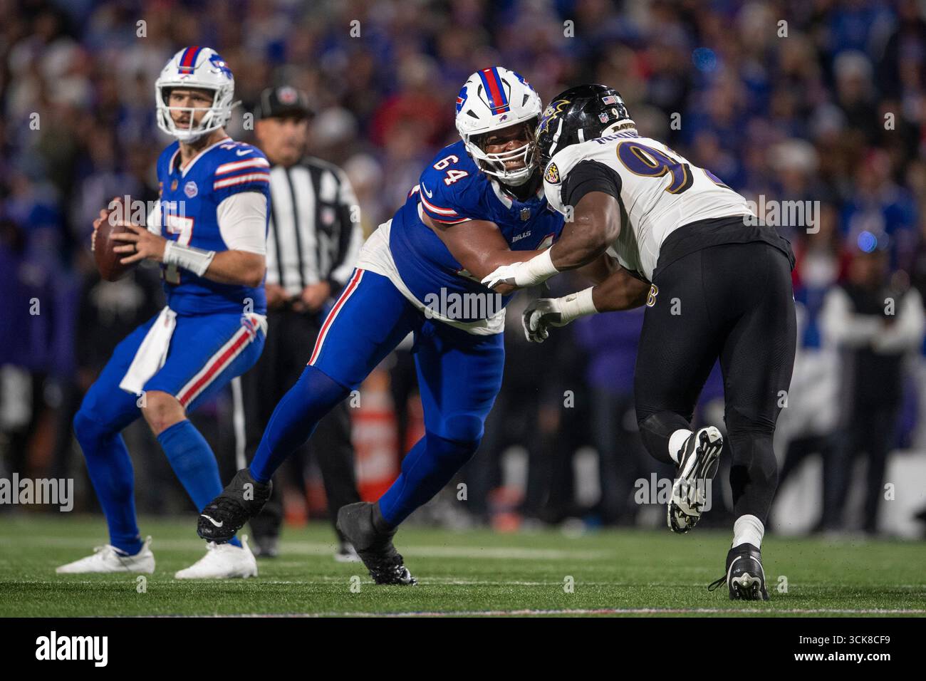 Buffalo Bills guard O'Cyrus Torrence (64) blocks against Baltimore ...