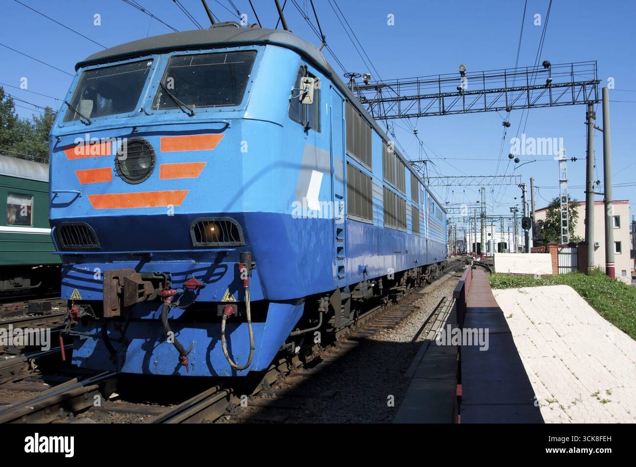 Beautiful photo of powerful electric locomotive on railroad Stock Photo ...