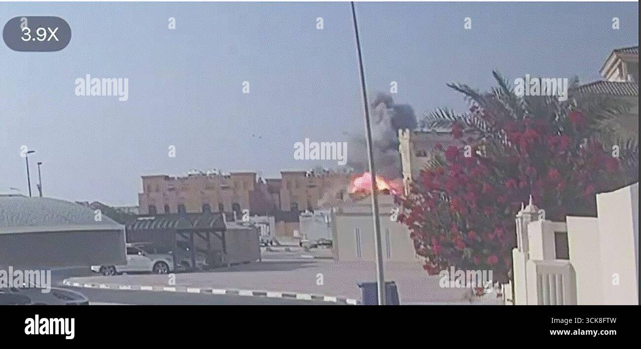 Doha, Qatar. 10th Sep, 2025. Security footage captures the moment of an Israeli strike targeting ...