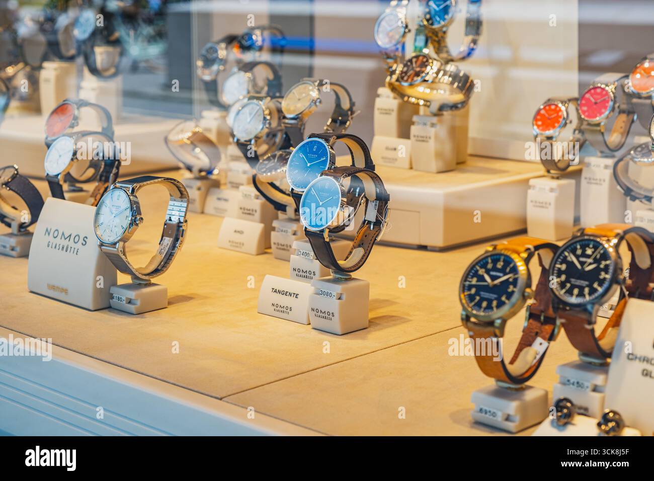 A selection of luxury watches in shop window on Koenigsallee street ...